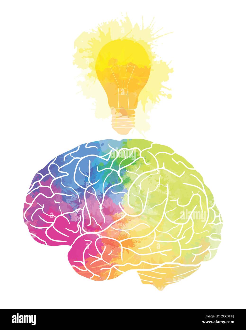 Human brain with rainbow watercolor splashes and a light bulb on a ...