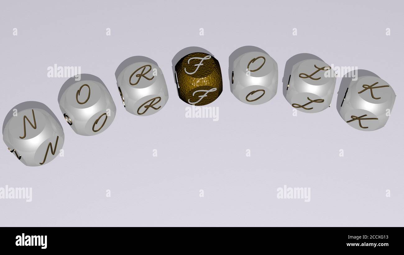 NORFOLK curved text of cubic dice letters, 3D illustration Stock Photo ...