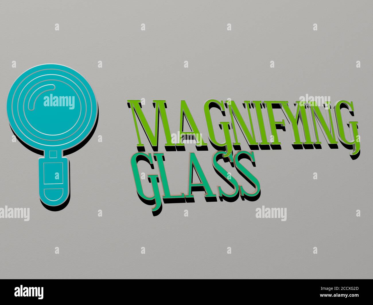 3D graphical image of MAGNIFYING GLASS vertically along with text built ...