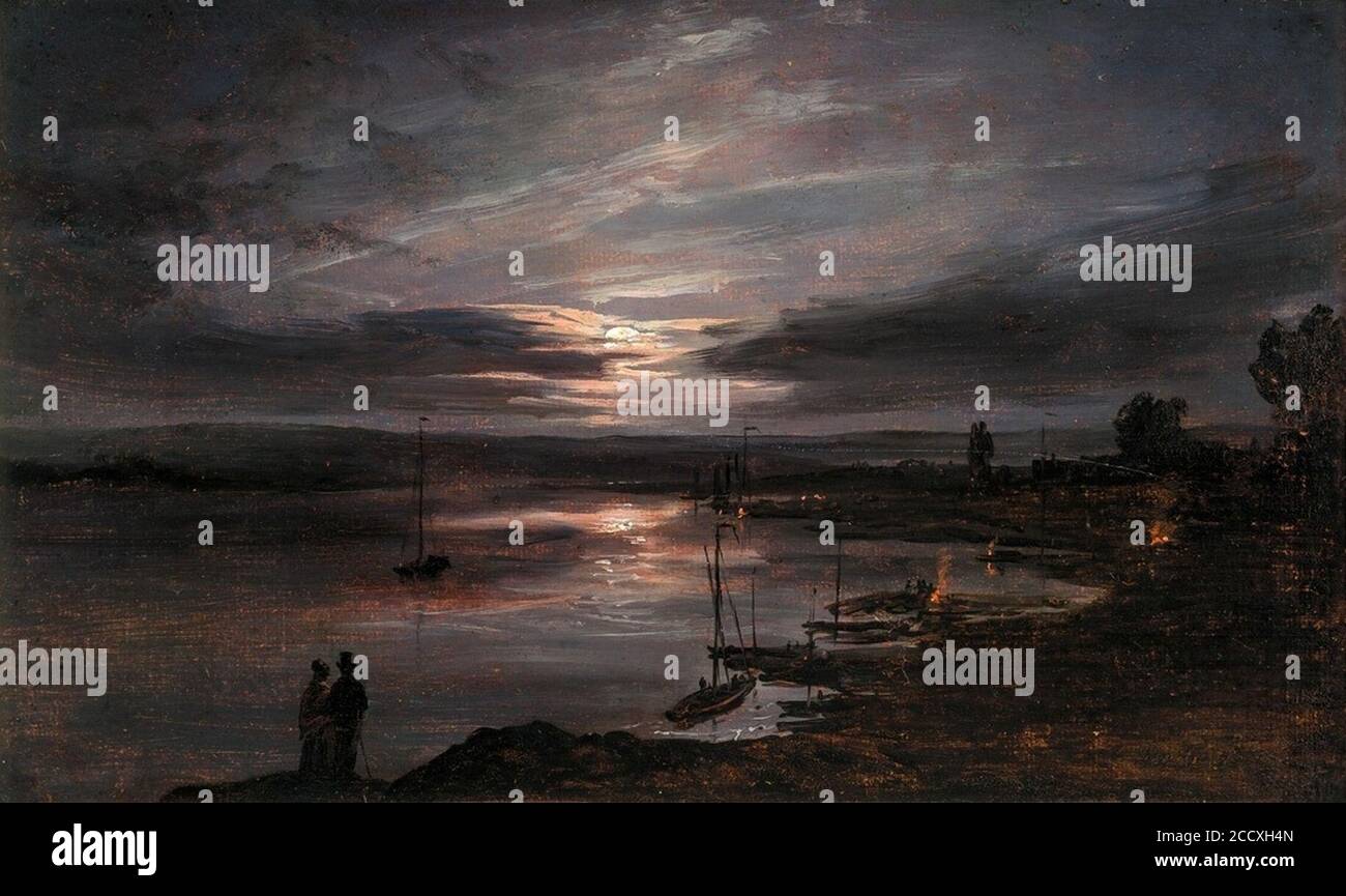 Johan Christian Dahl - The Elbe in Moonlight - Måneskinn Stock Photo ...
