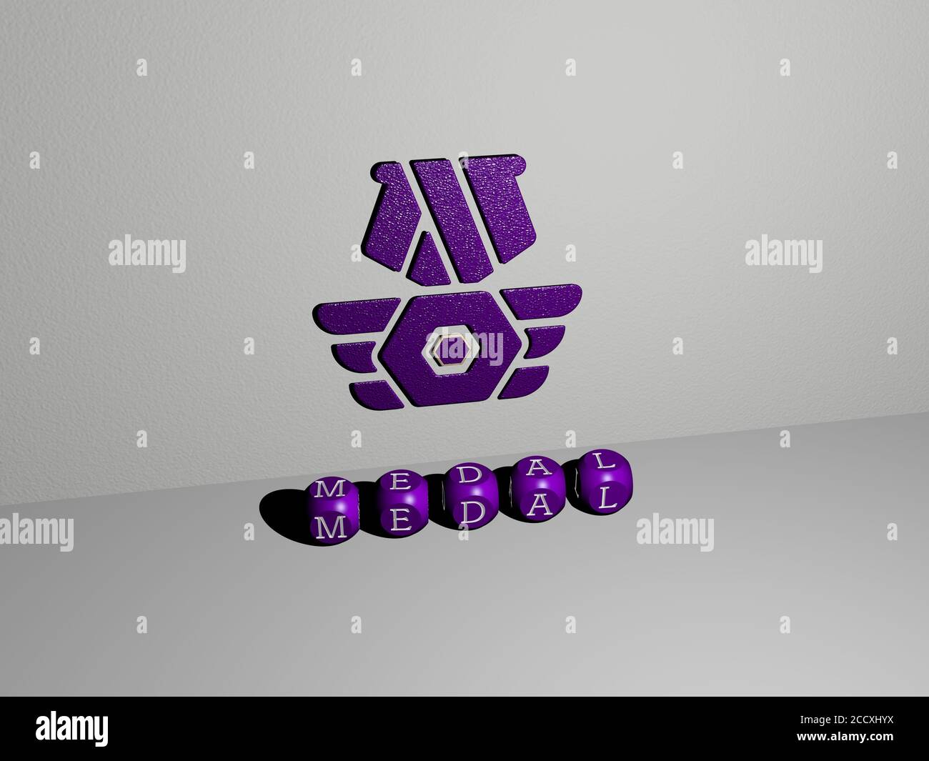 3D illustration of MEDAL graphics and text made by metallic dice ...