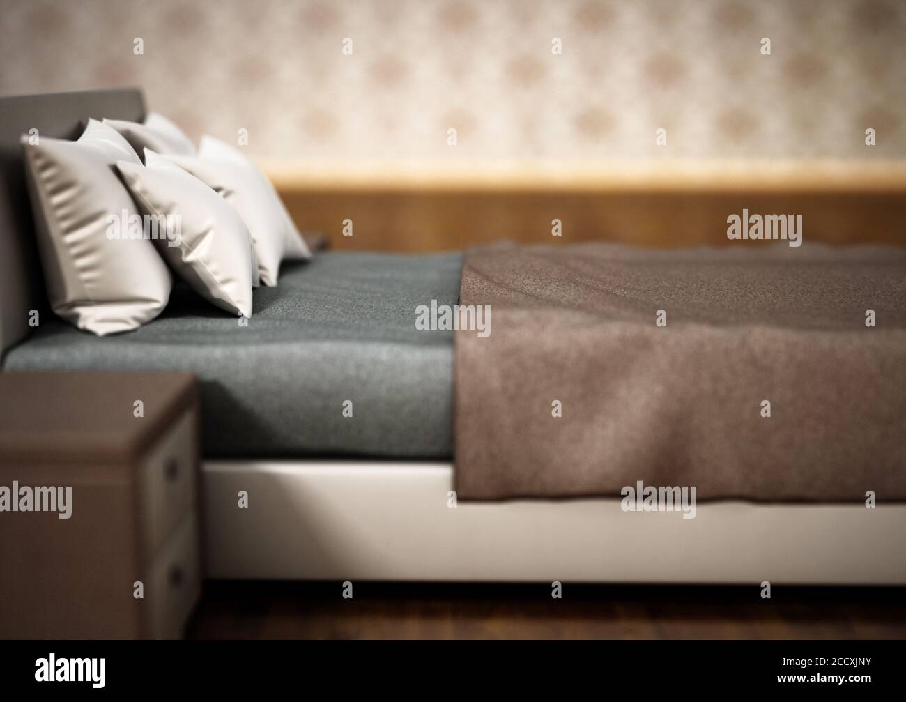 Comfortable modern bed inside bedroom. 3D illustration Stock Photo - Alamy