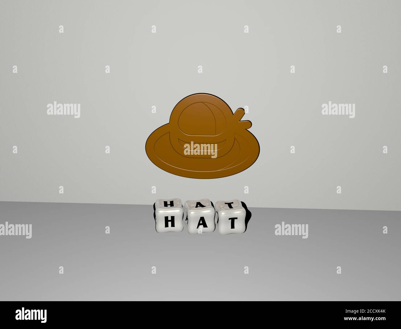 hat 3D icon on the wall and cubic letters on the floor, 3D illustration ...