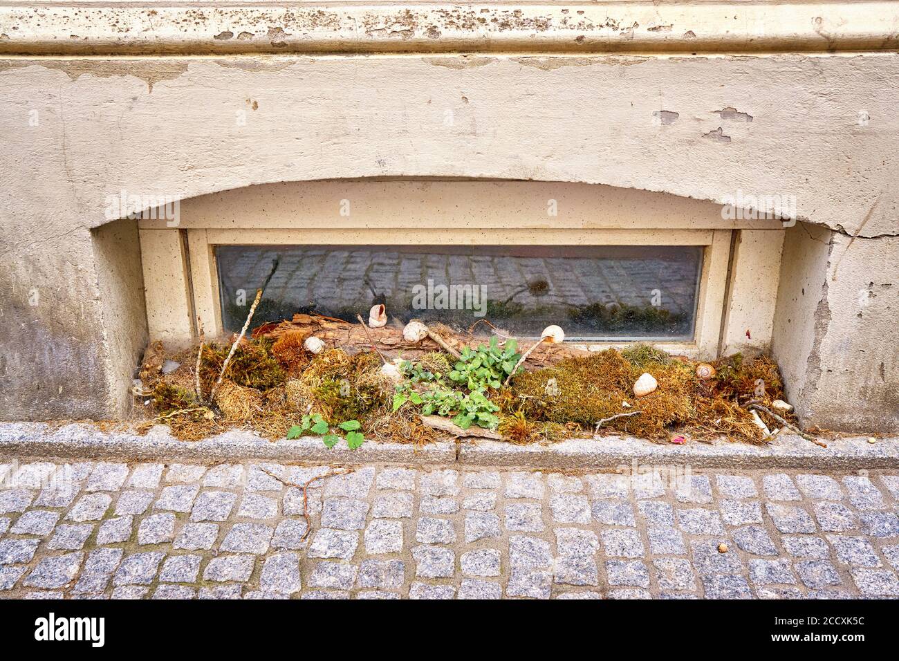 Old wooden basement window with decoration Stock Photo - Alamy