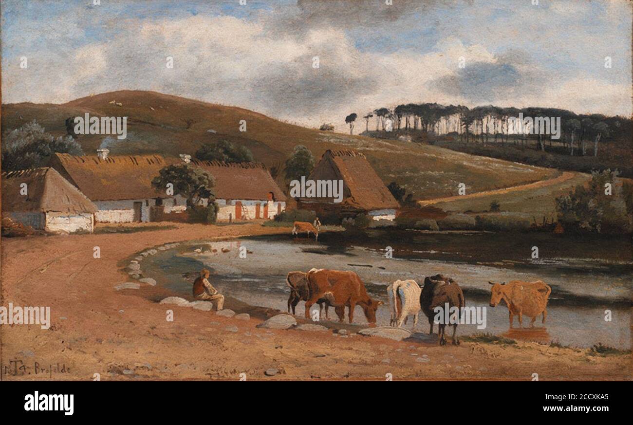 Johan Thomas Lundbye - Cows being Watered at a Village Pond. Brofelde ...