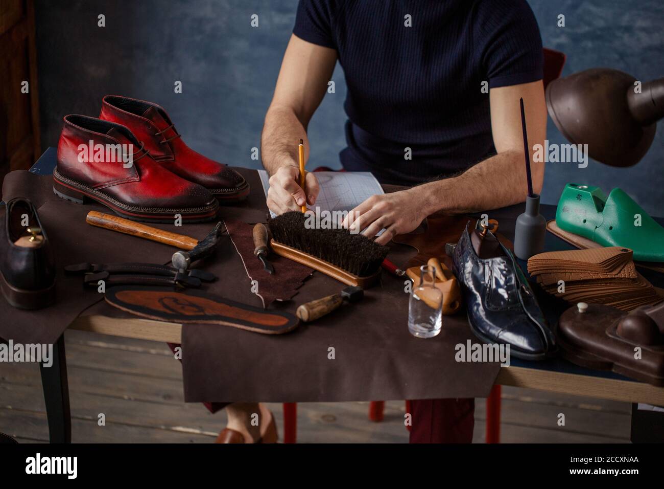 male inventing fashion trend , close up cropped photo. creation of shoe ...