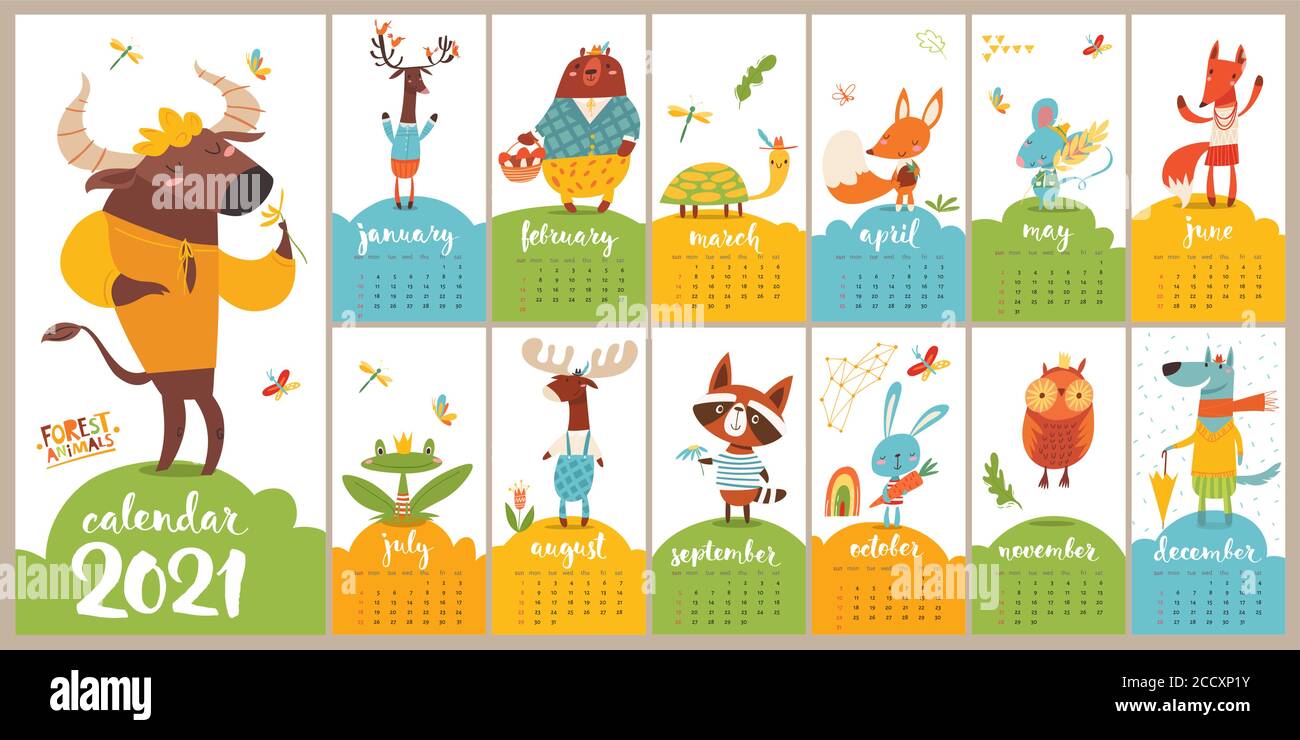Cartoon vector 2021 calendar with funny forest animals Stock Vector ...