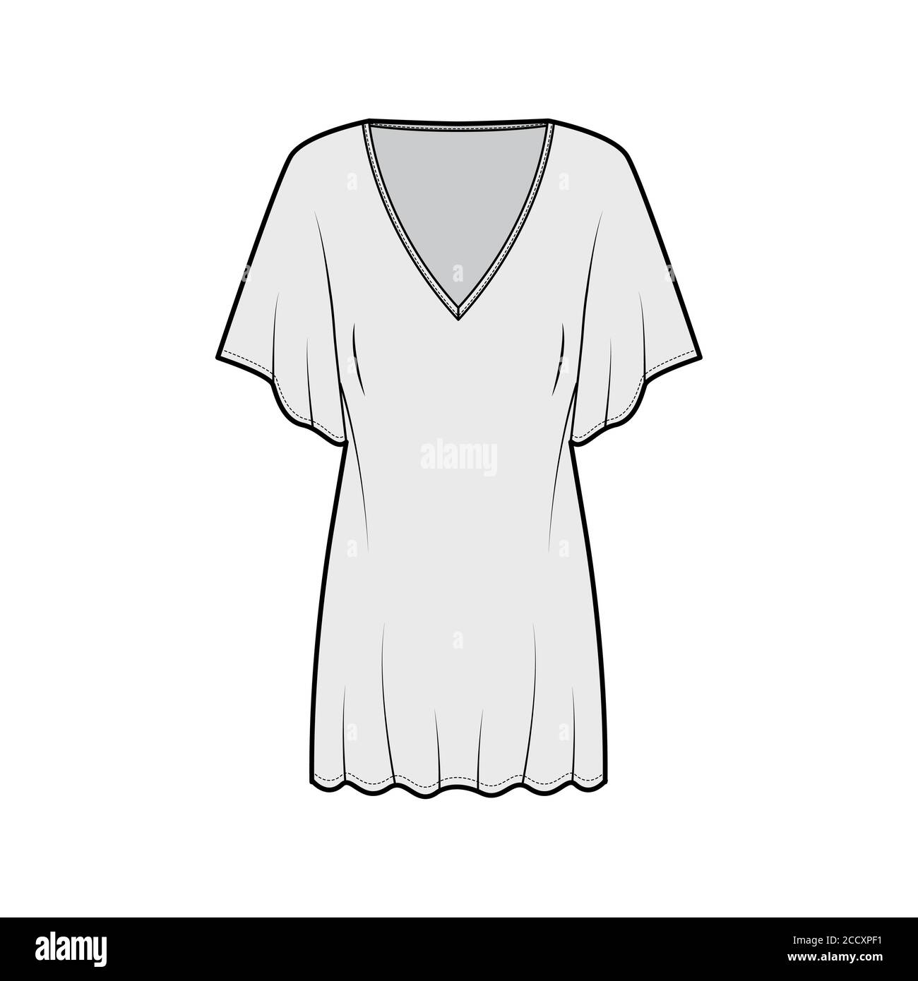 Kaftan dress technical fashion illustration with deep V-neck, batwing ...
