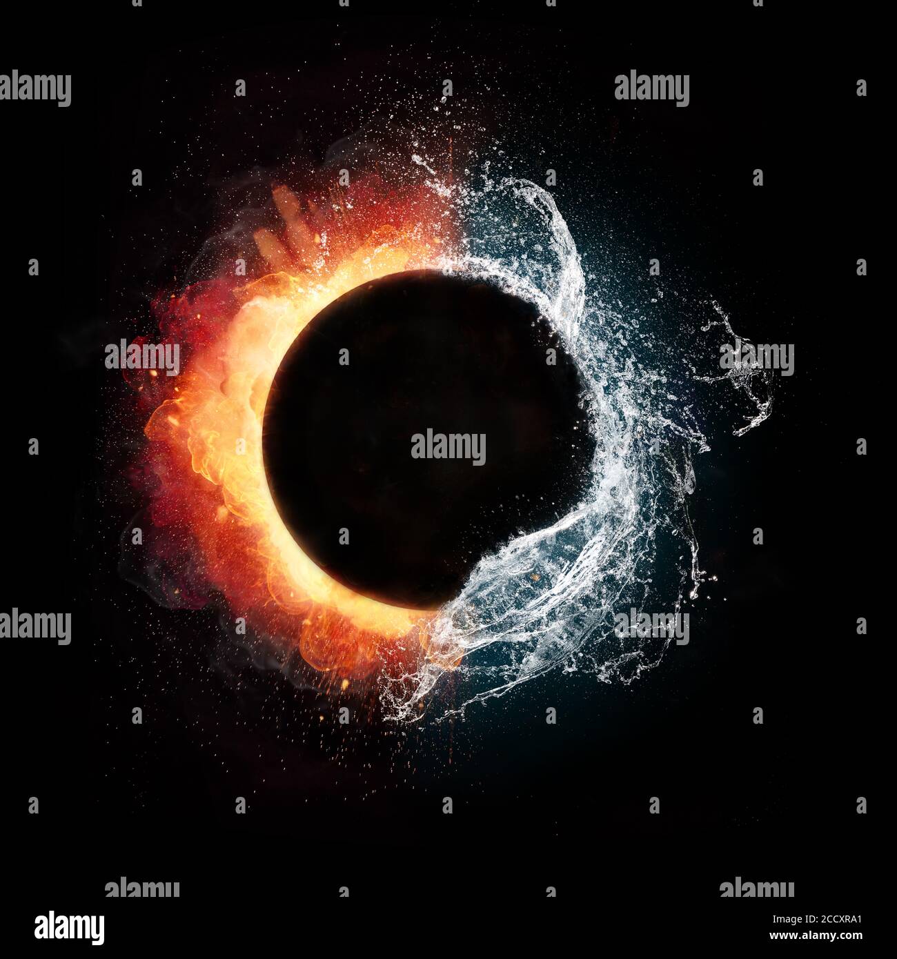 Fire and water elements in spherical shape, isolated on black ...
