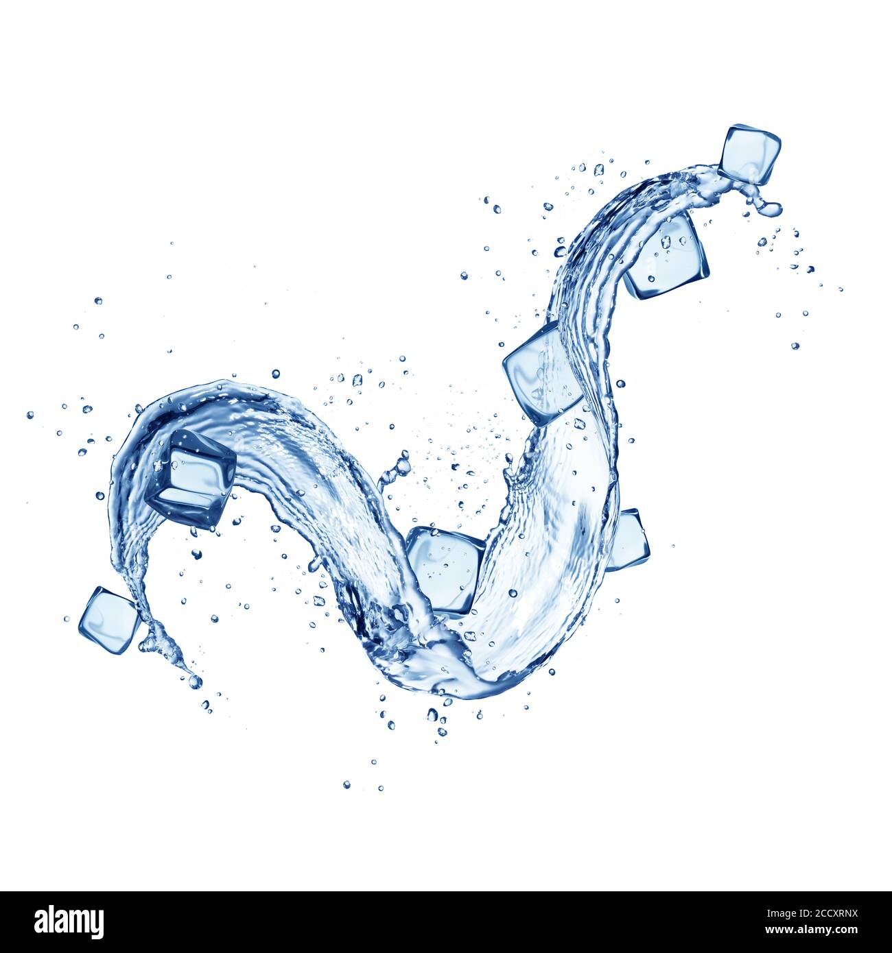 Abstract water splash in spiral shape with ice cubes, isolated on white ...