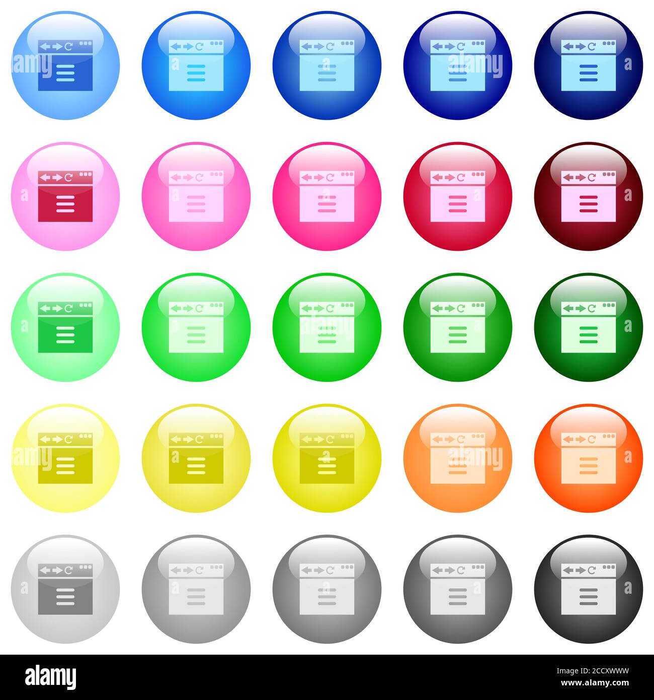 Browser options icons in set of 25 color glossy spherical buttons Stock ...