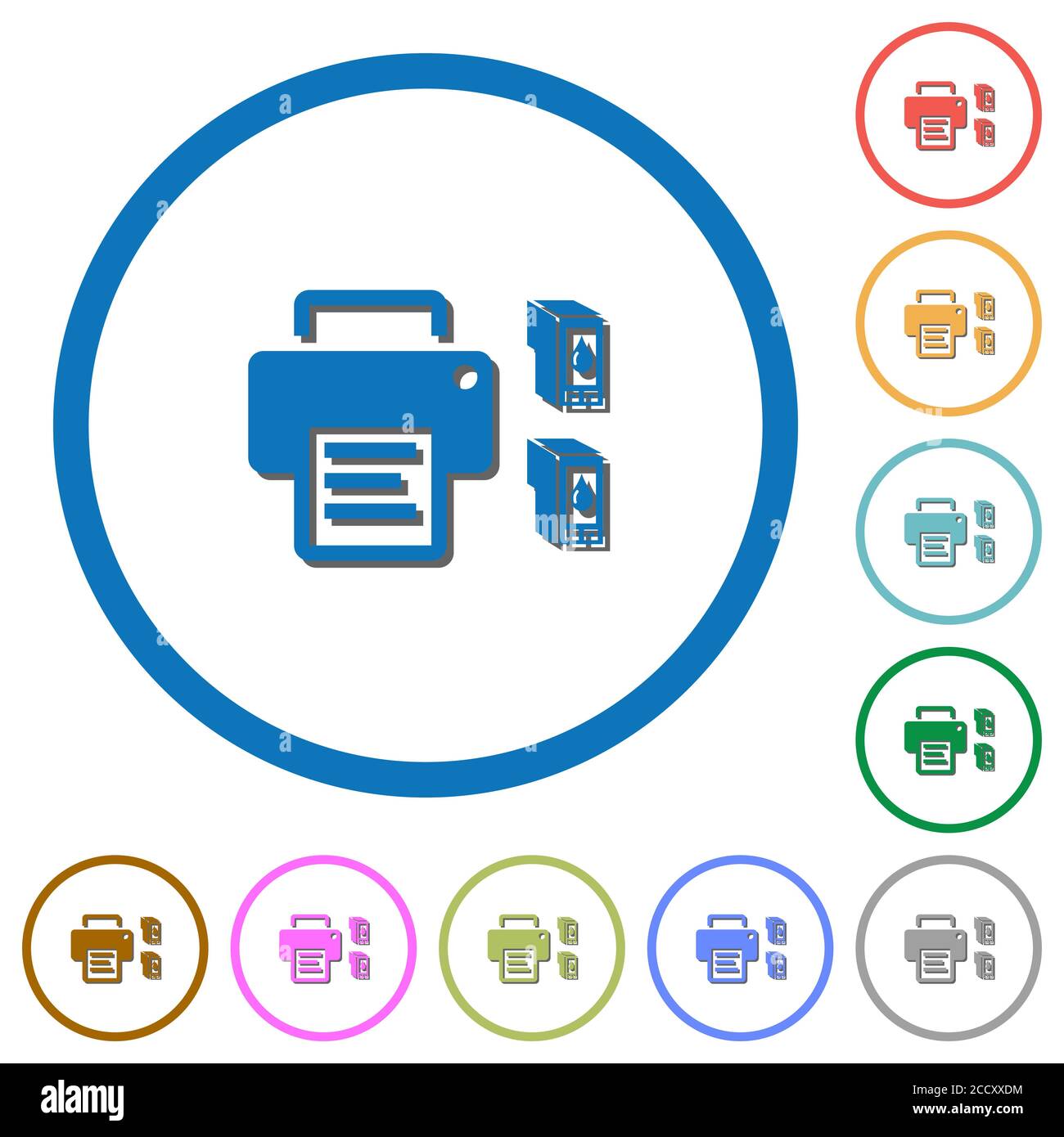 Printer and ink cartridges flat color vector icons with shadows in ...