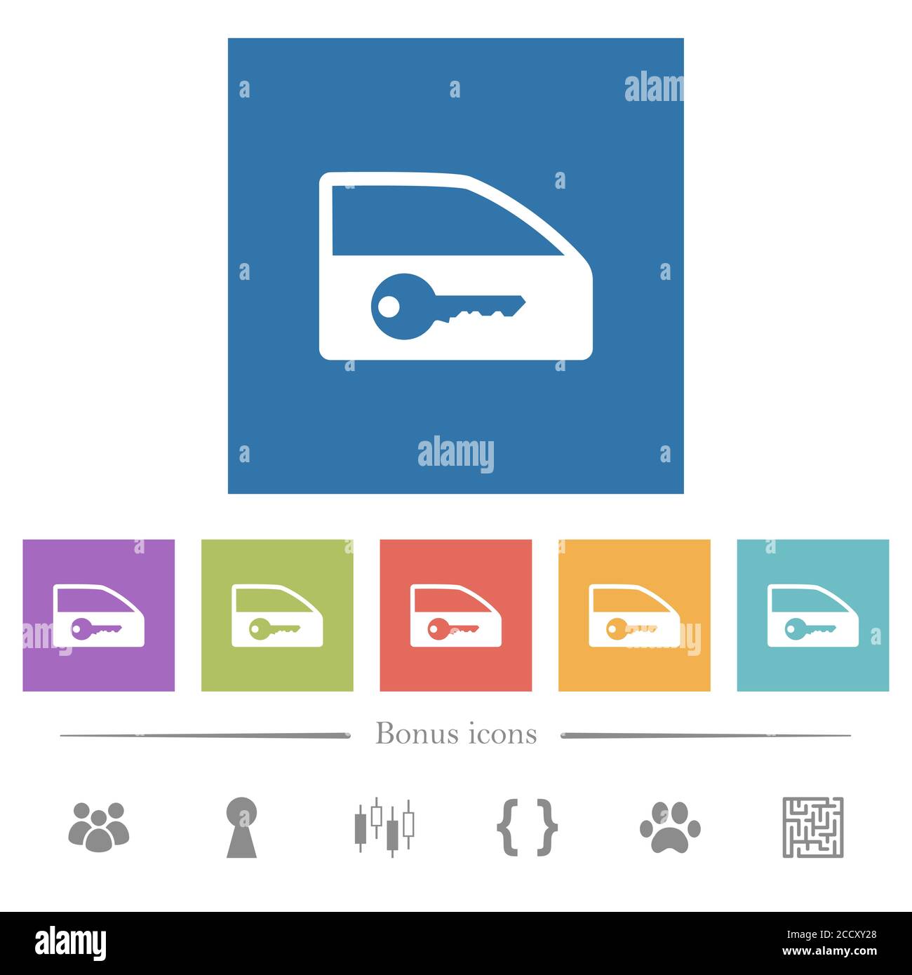 Car door lock flat white icons in square backgrounds. 6 bonus icons ...