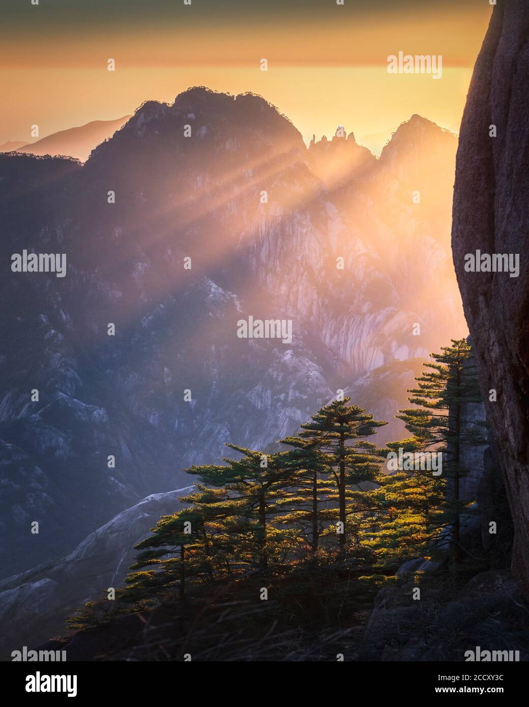 Beautiful sunset in Yellow mountains. Huagshan mountains is famous with ...