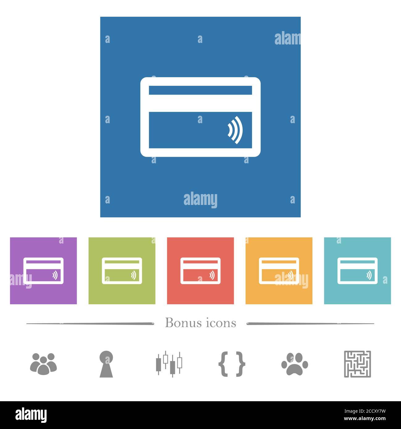 Contactless credit card flat white icons in square backgrounds. 6 bonus ...