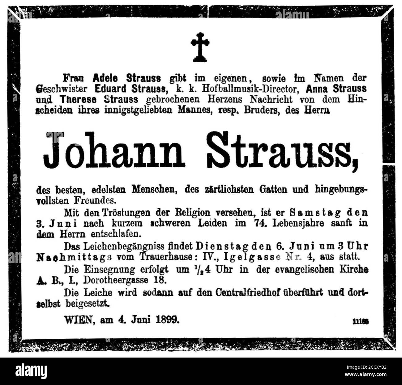 Johann Strauss (1825–1899) Todesanzeige death notice Stock Photo - Alamy