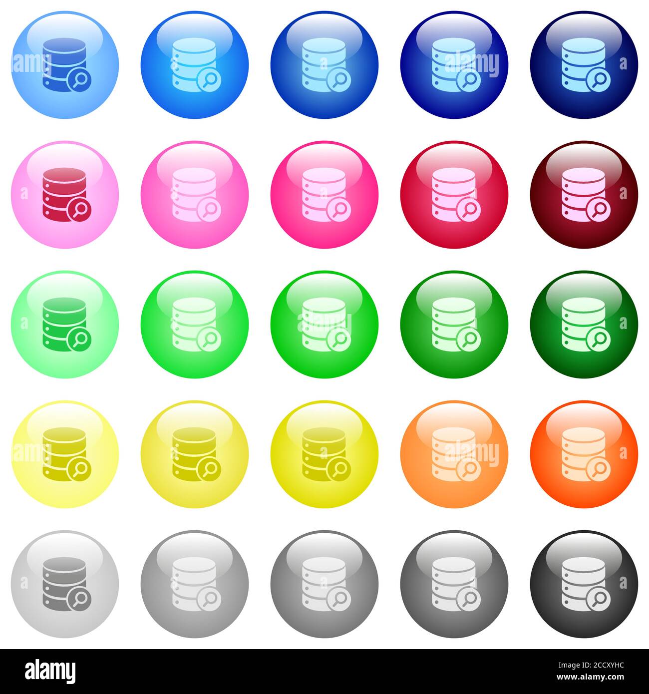 Database search icons in set of 25 color glossy spherical buttons Stock ...