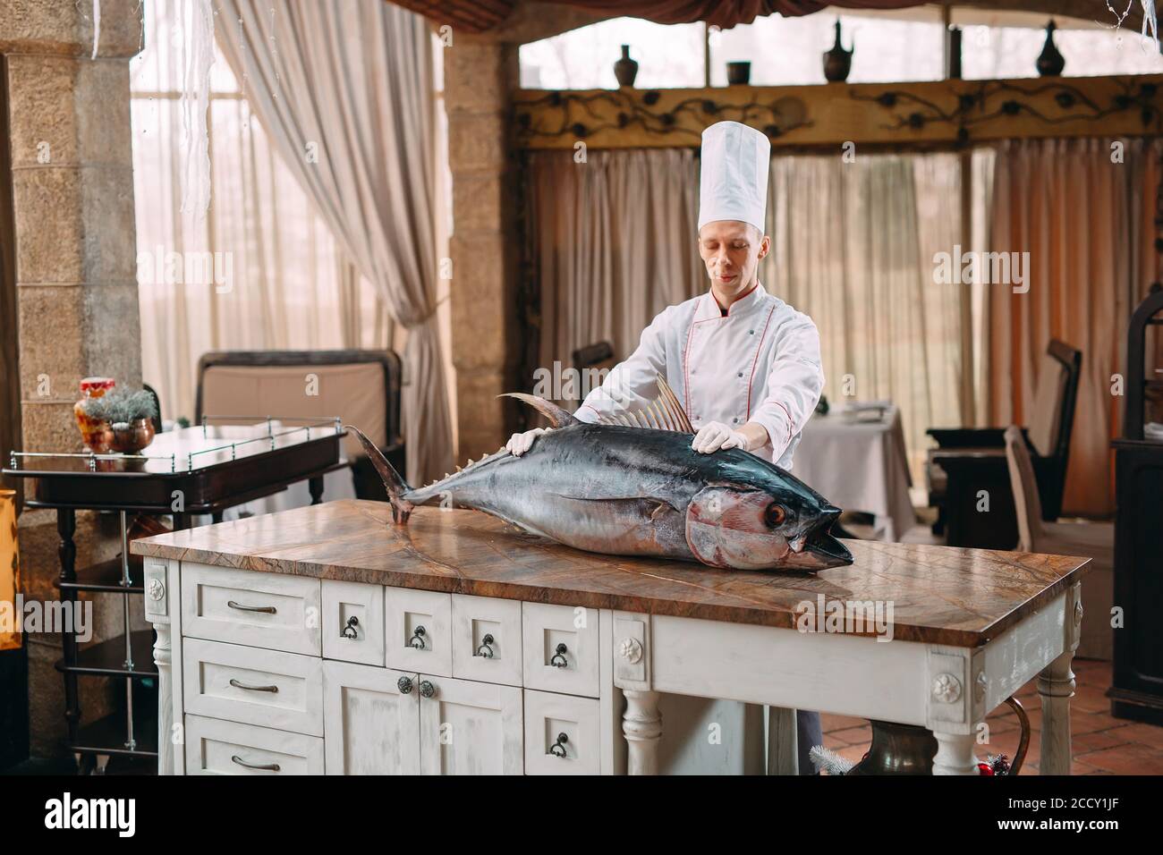 The chef cut up a big Tuna fish in the restaurant Stock Photo - Alamy