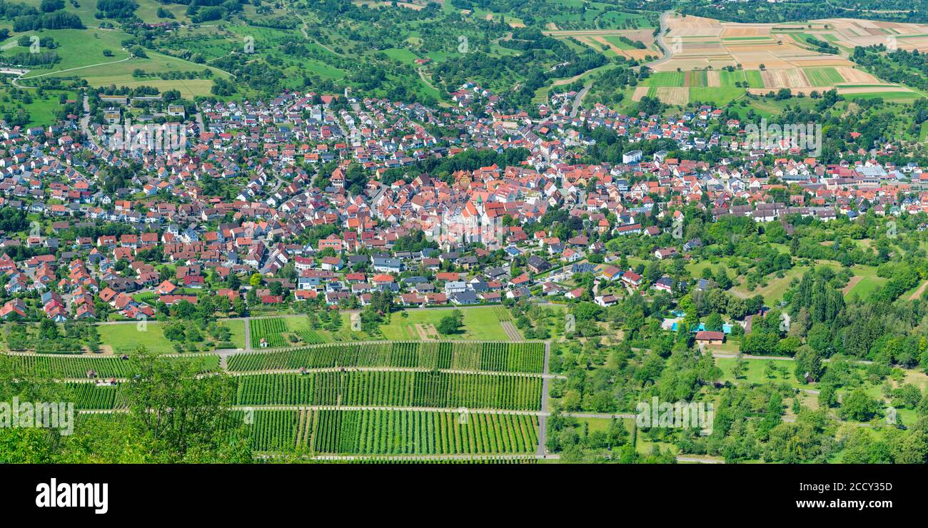 Panorama from Hohenneuffen Castle to the town of Neuffen, Swabian Alb ...