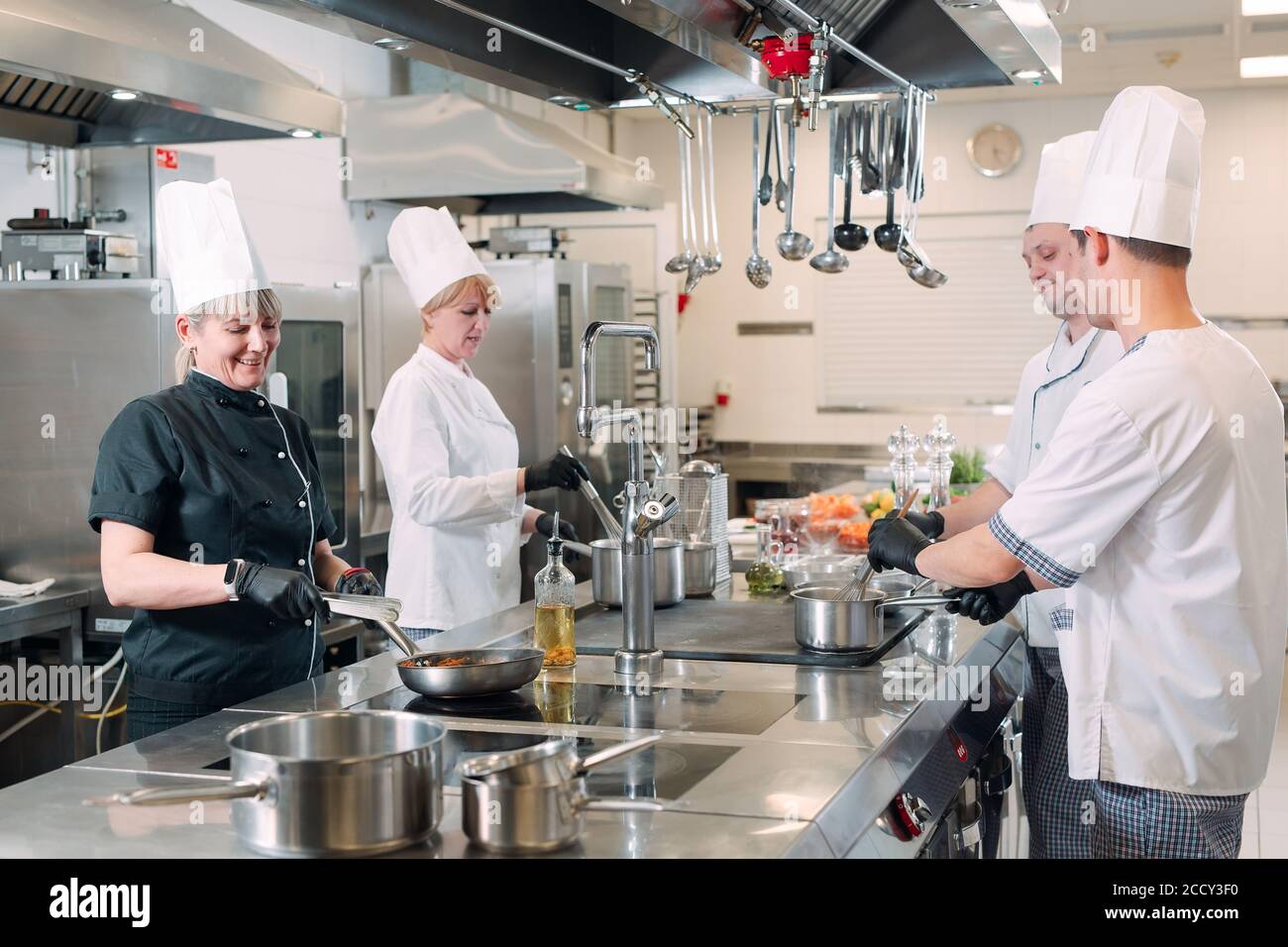 Cooks prepare meals on an electric stove in a professional kitchen in a ...