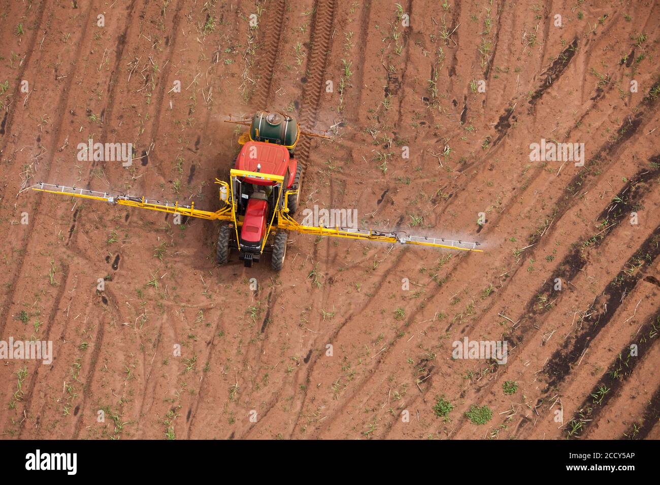 Aerial view, tractor fertilizing sugar cane field, Sao Paulo, Brazil ...