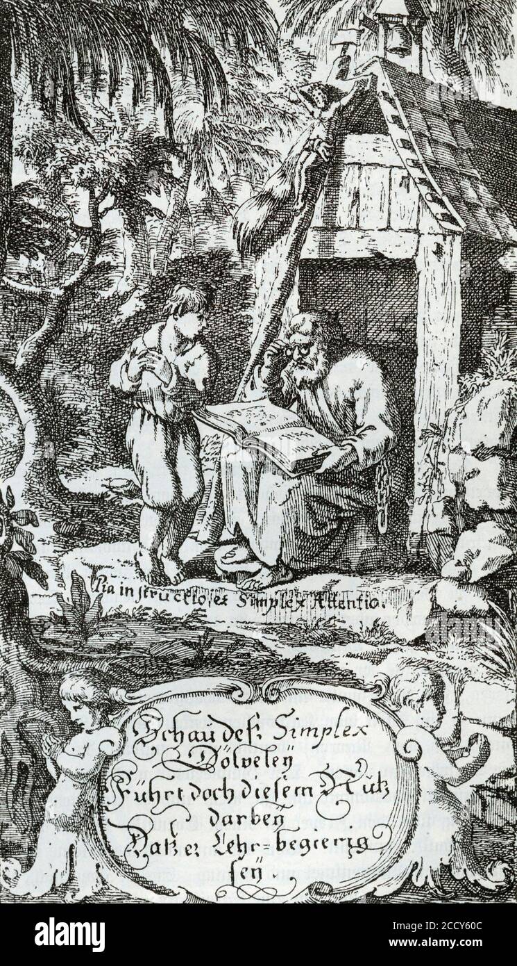Simplicius and the Hermit, reproduction of a copperplate from ...