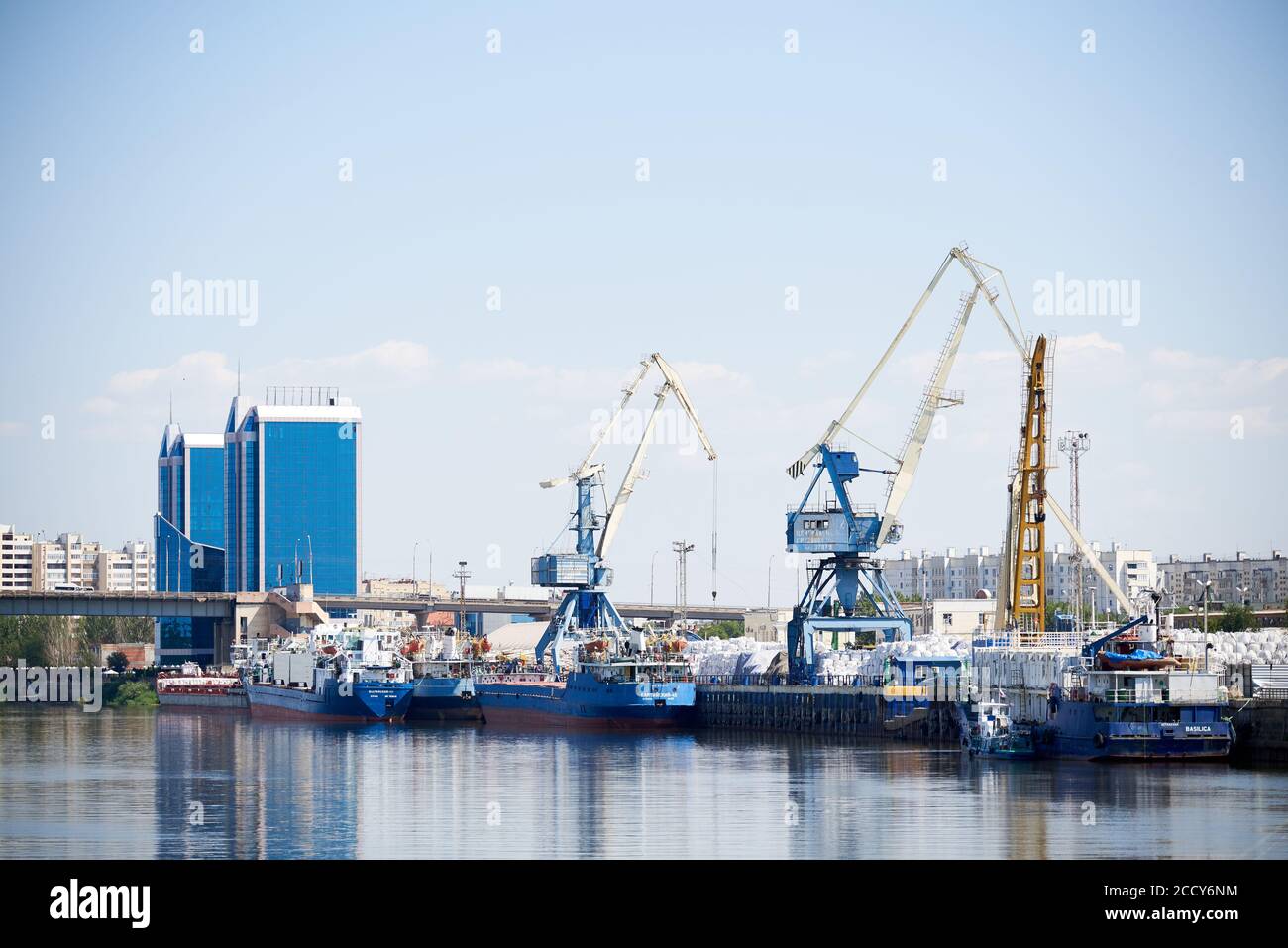 Astrakhan, Russia - 08.12.2020: Cargo ships stand in the port of ...