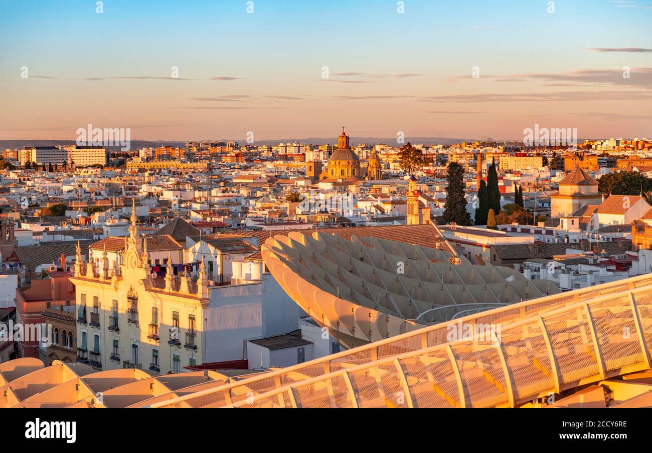 View over Seville, sunset, Iglesia San Luis de los Franceses and ...