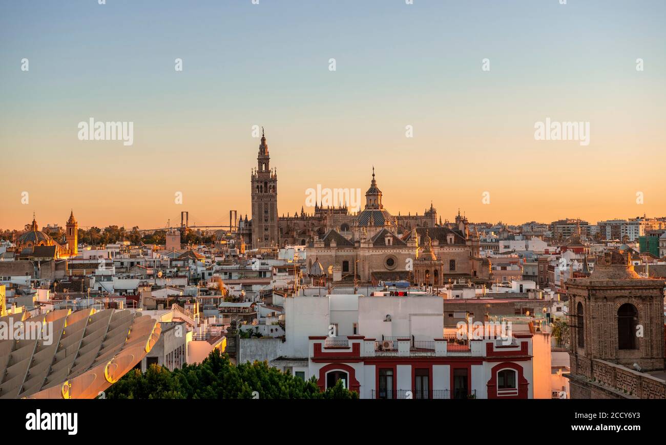 View over Sevilla, sunset, Cathedral of Sevilla with tower La Giralda ...