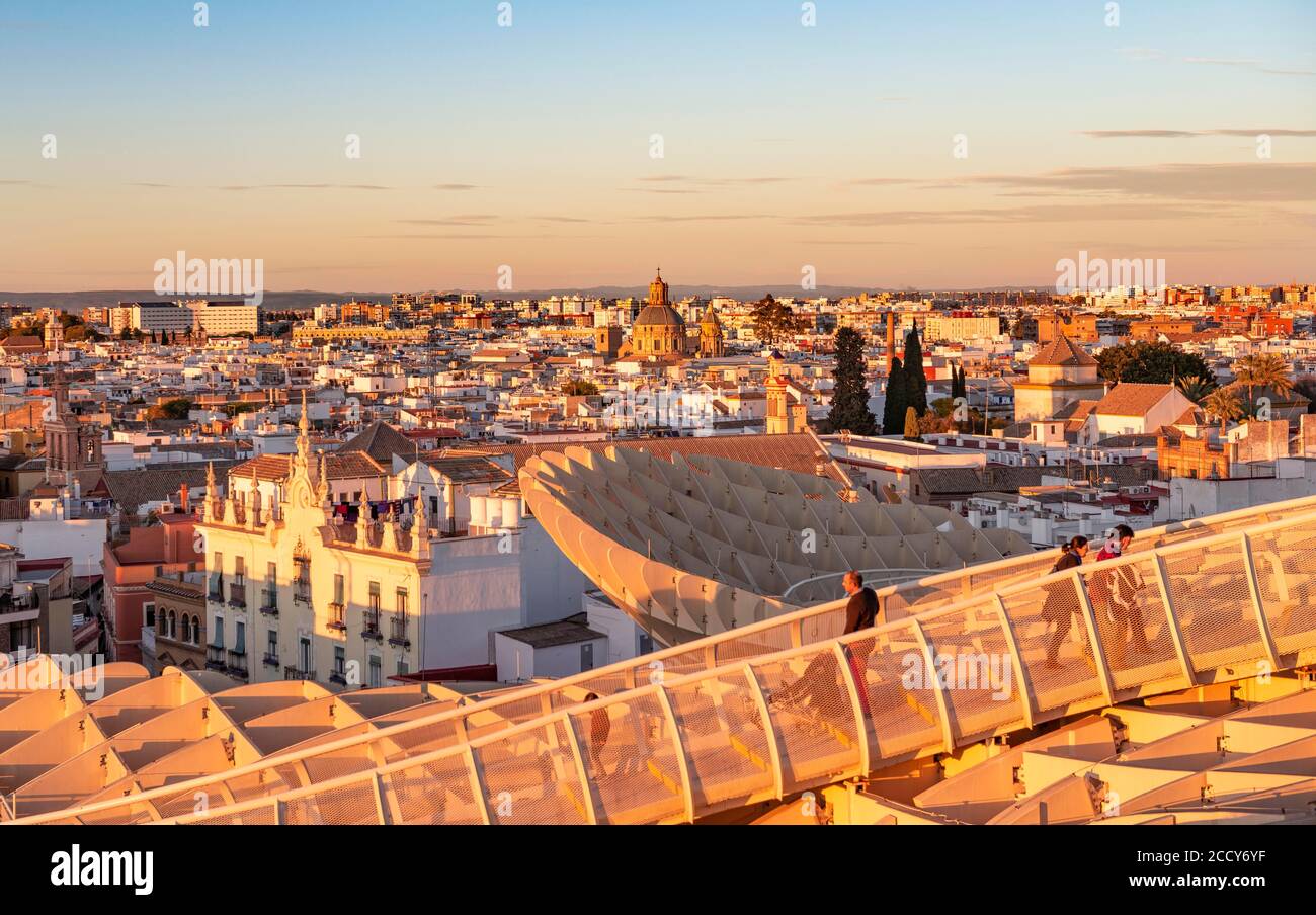 View over Seville, sunset, Iglesia San Luis de los Franceses and ...