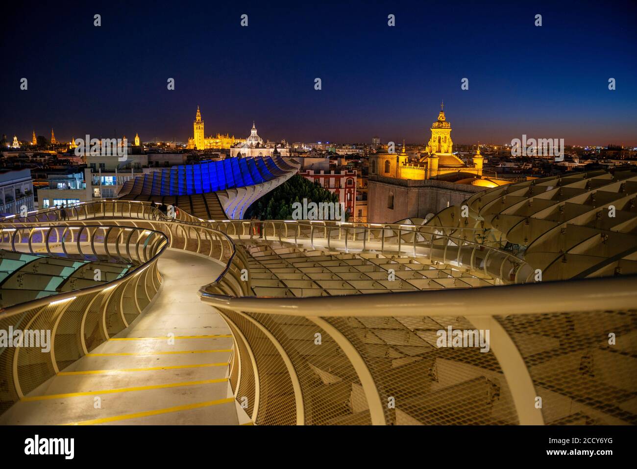 View over Sevilla from Metropol Parasol, blue hour, Cathedral of ...