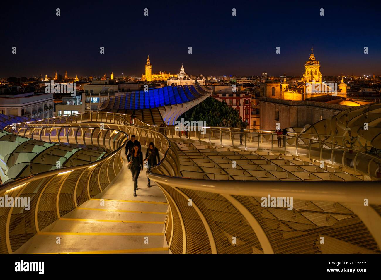 View over Sevilla from Metropol Parasol at night, Cathedral of Sevilla ...