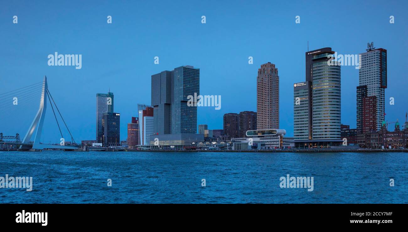Nieuwe Maas with Erasmus bridge and high-rise buildings, Rotterdam ...