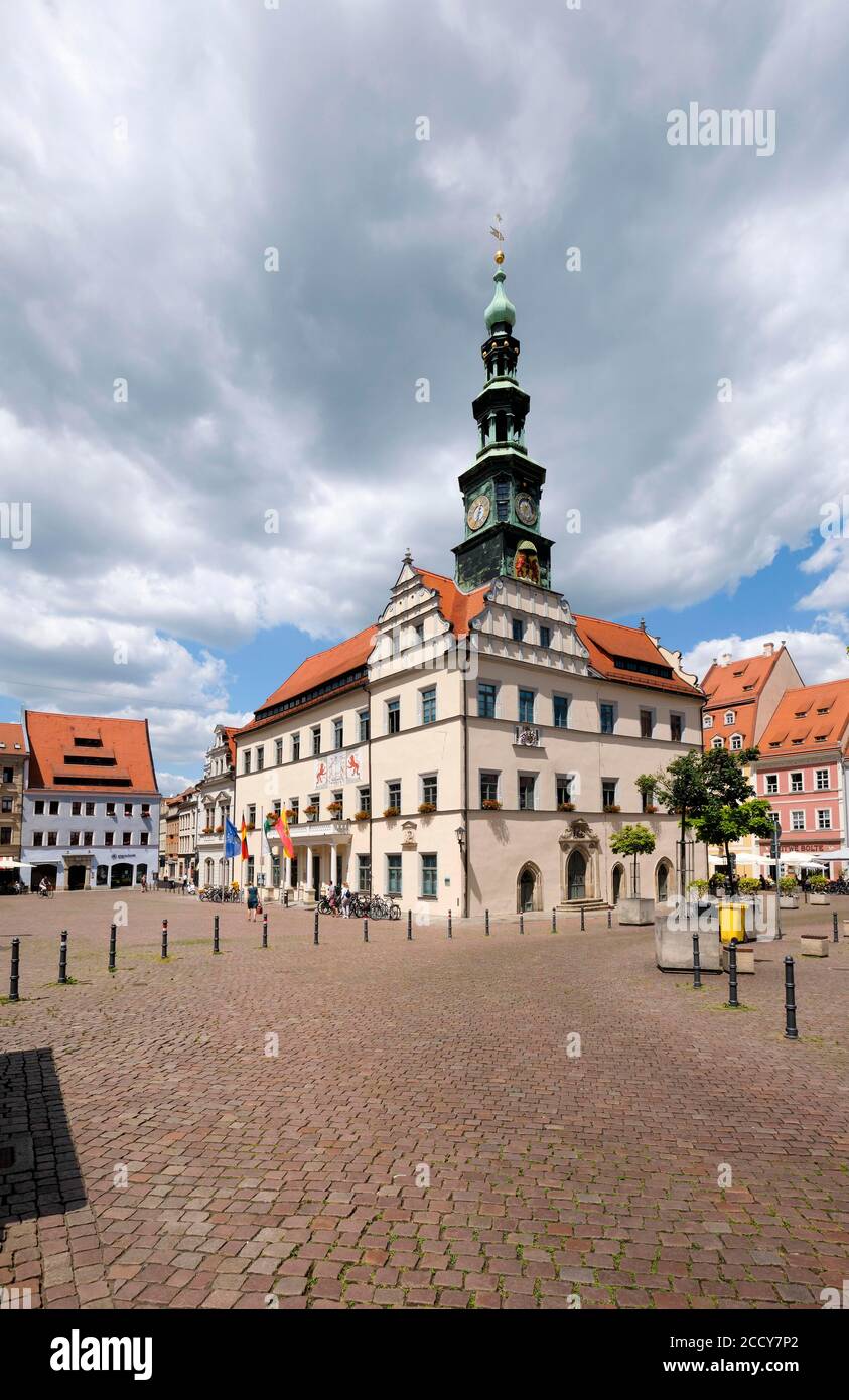 Town hall at the market, dusk, Pirna, Saxon Switzerland, Saxony ...
