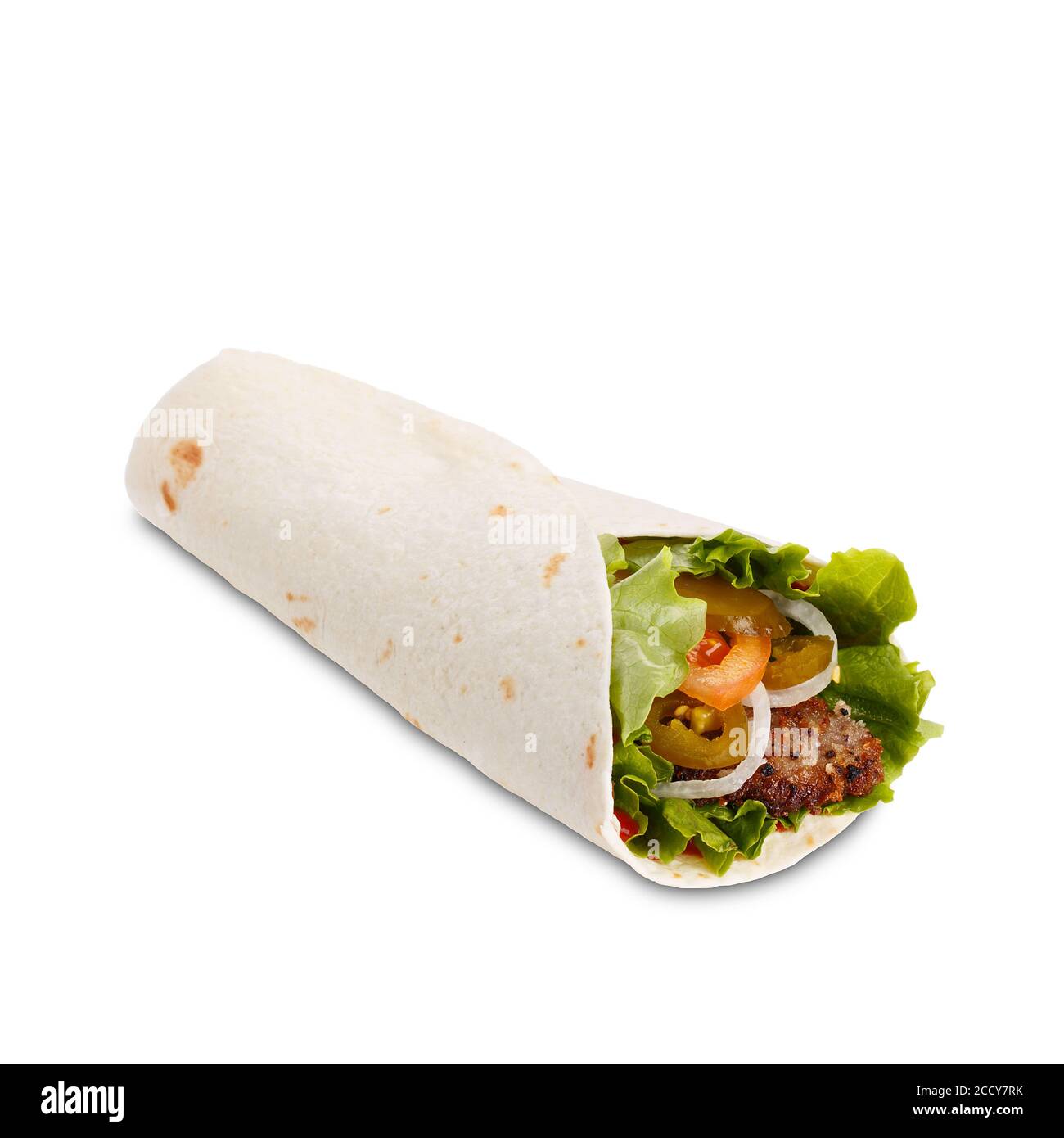 Burrito with grilled chicken and vegetables isolated on white ...