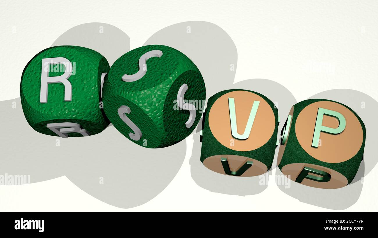 rsvp text by dancing dice letters, 3D illustration Stock Photo - Alamy