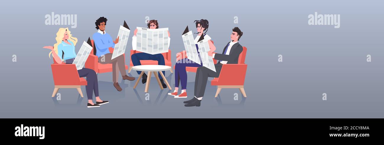 mix race businesspeople reading newspapers and discussing daily news ...