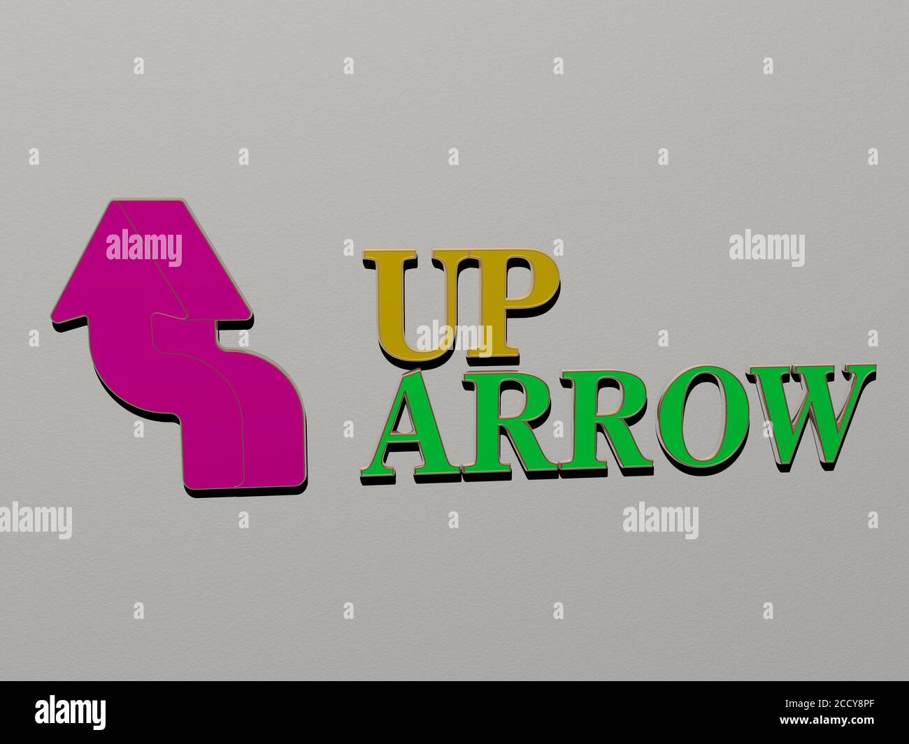 3D representation of up arrow with icon on the wall and text arranged ...