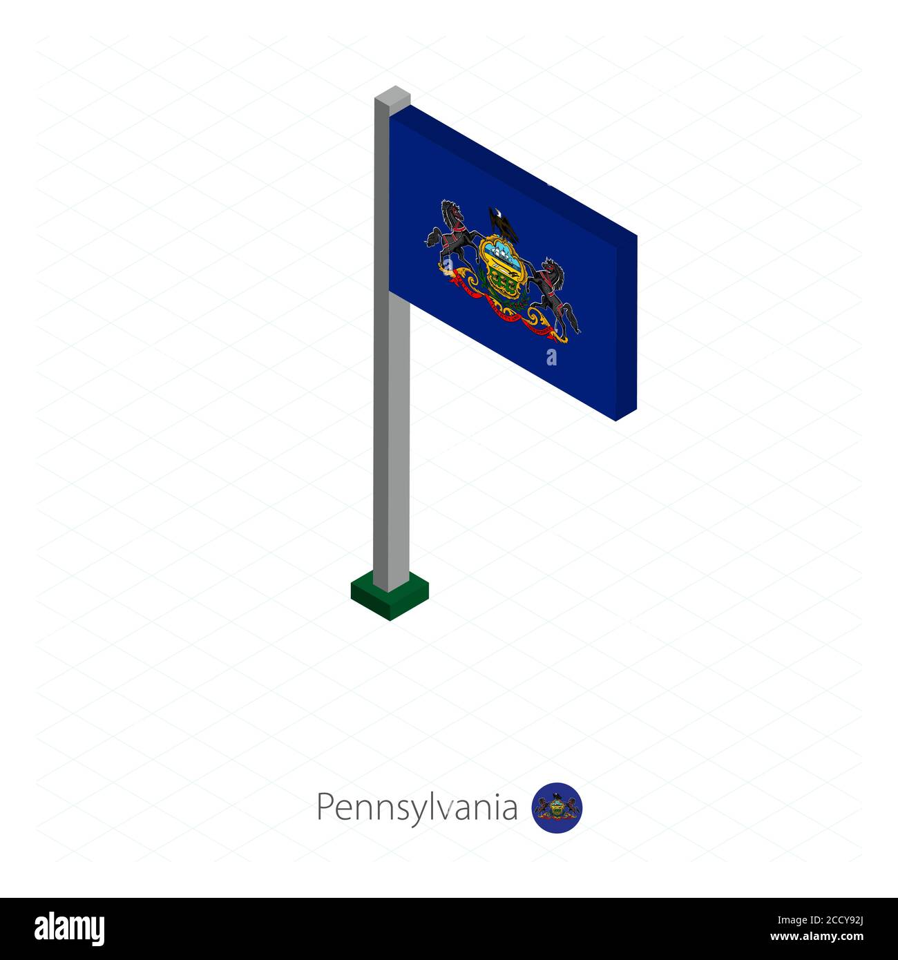 Pennsylvania US state flag on flagpole in isometric dimension ...