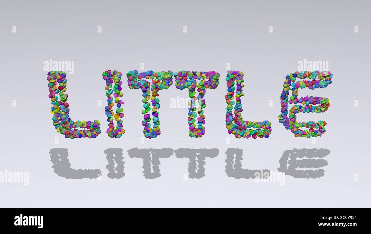 Colorful 3D writting of little text with small objects over a white ...