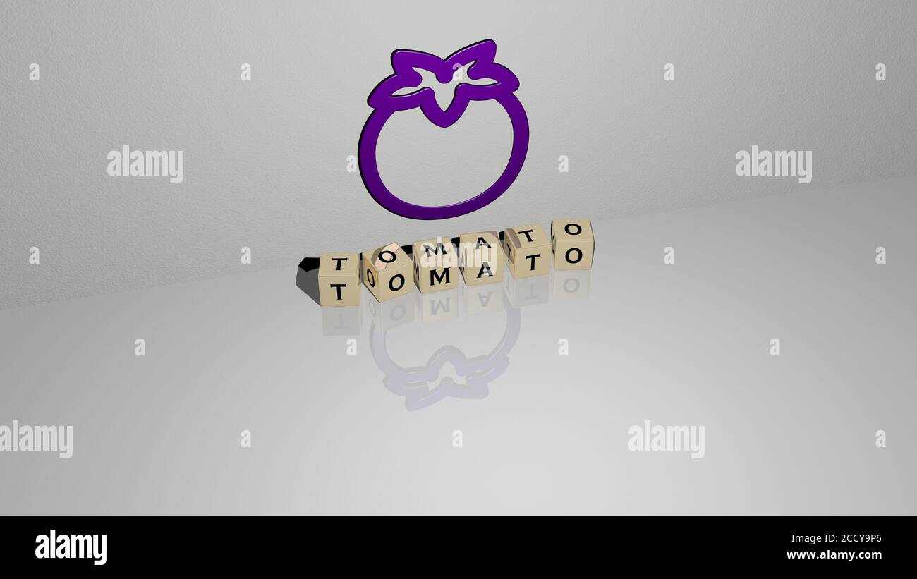 tomato text of cubic dice letters on the floor and 3D icon on the wall ...