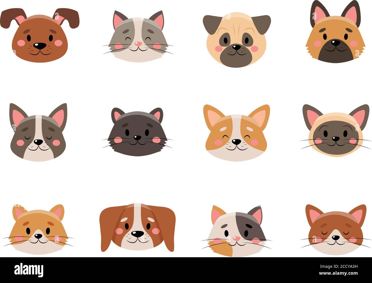 Cute pets face collection, isolated on white background Stock Vector ...