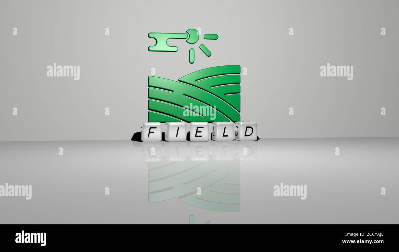 FIELD text of cubic dice letters on the floor and 3D icon on the wall ...
