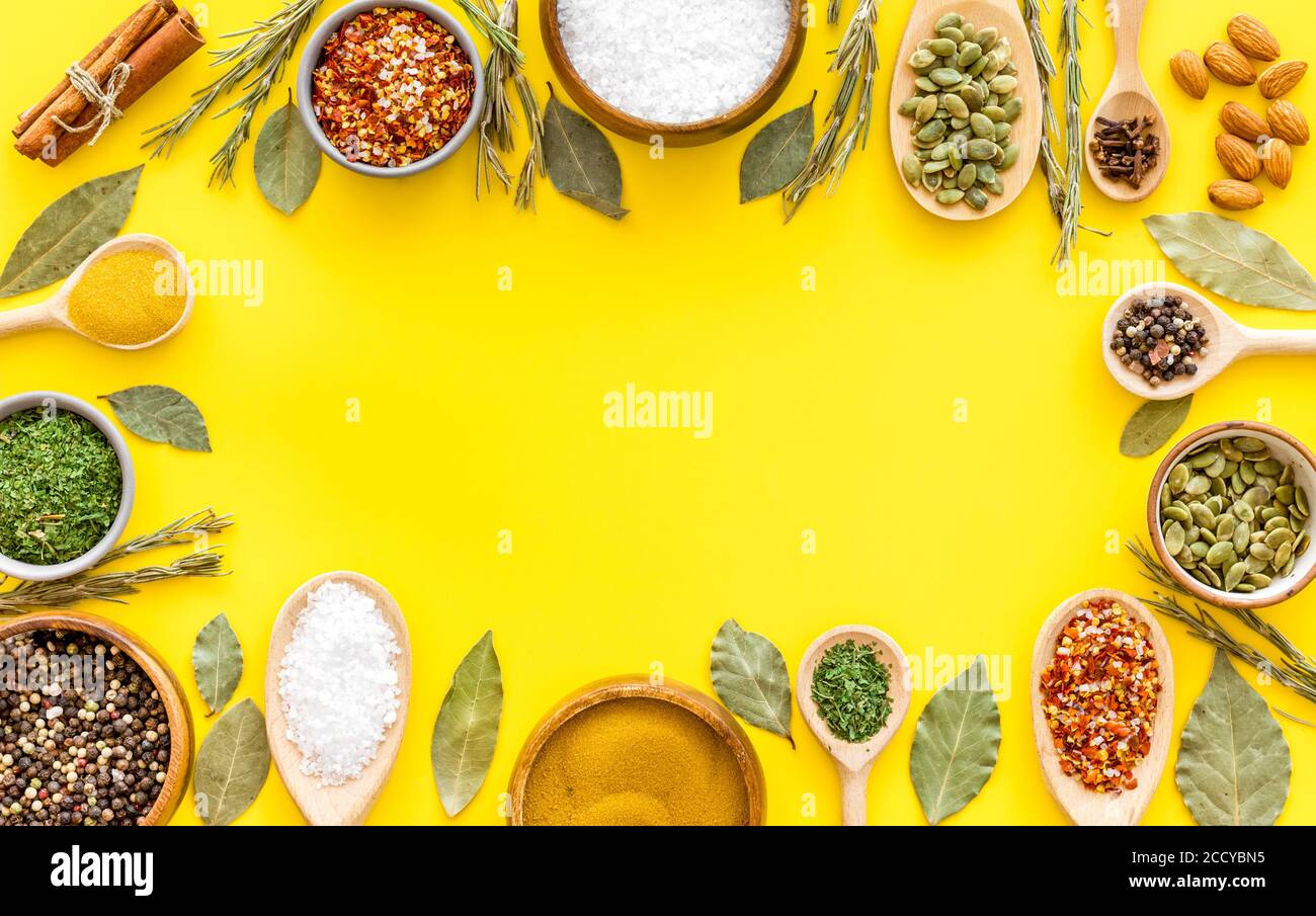 Frame of spices herbs and flavoring with space for text Stock Photo - Alamy