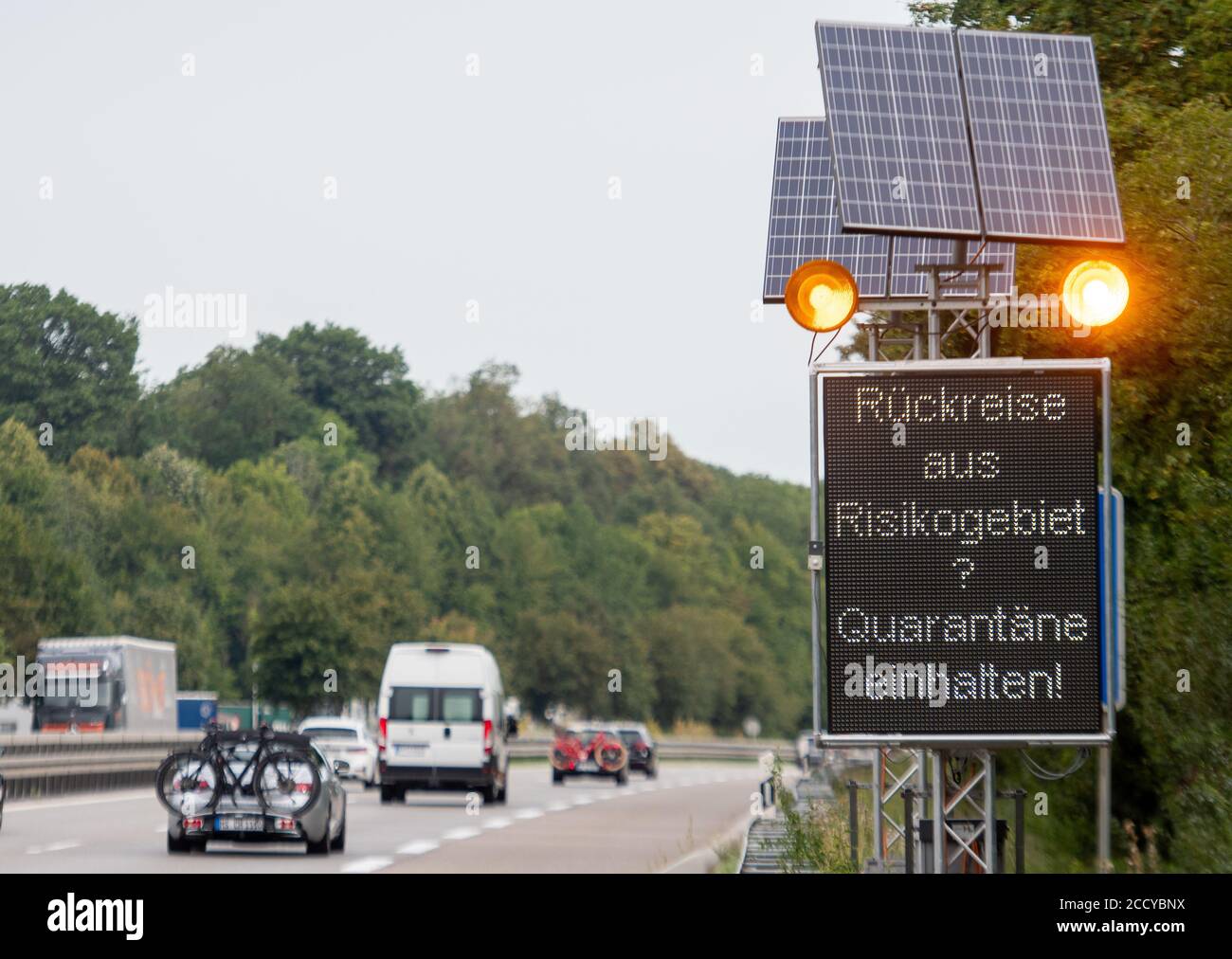 25 August 2020, Langenau: On the A7 motorway, travellers from risk ...