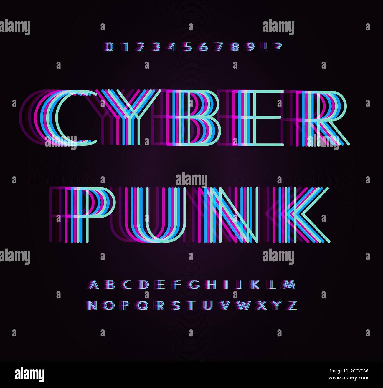 Cyber punk letters and numbers set. Overlay fluorescence colors line ...