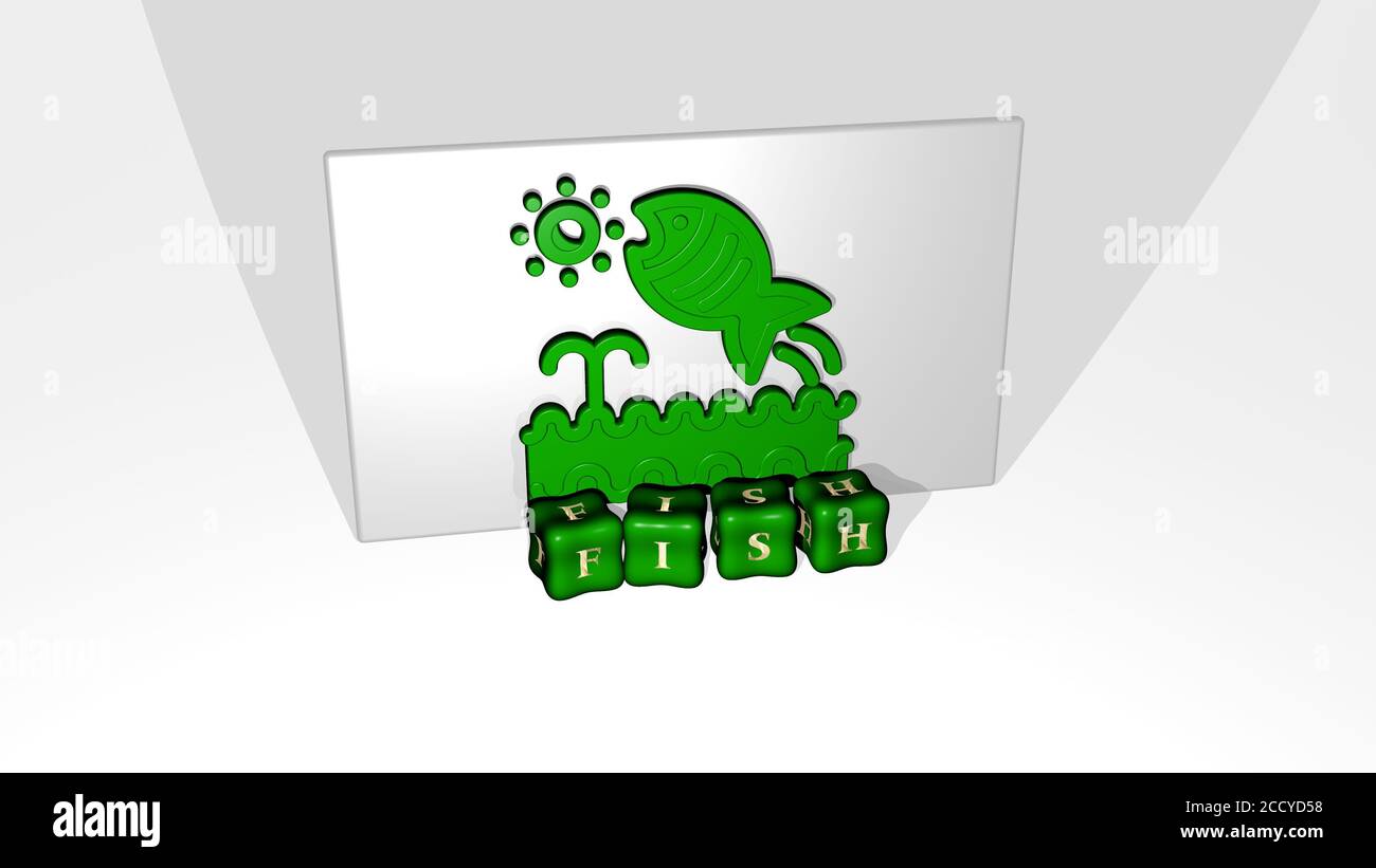 3D illustration of FISH graphics and text made by metallic dice letters ...