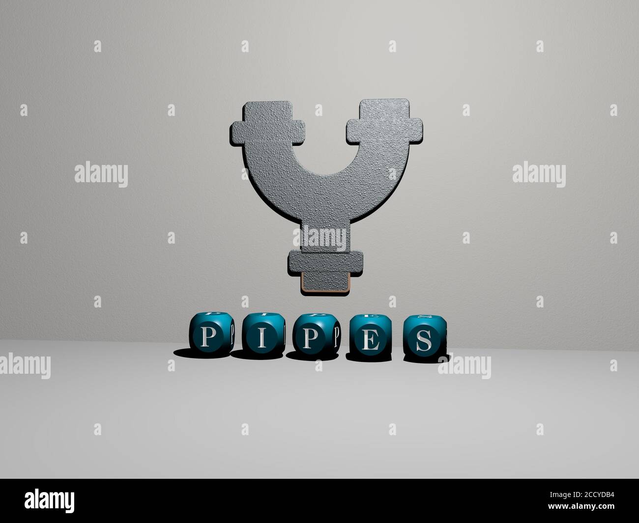 3D illustration of pipes graphics and text made by metallic dice ...