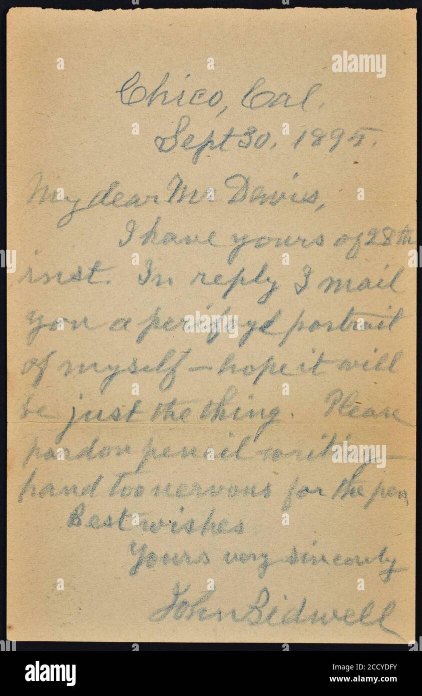 John Bidwell letter to Mr. Davis, 1895 Stock Photo - Alamy