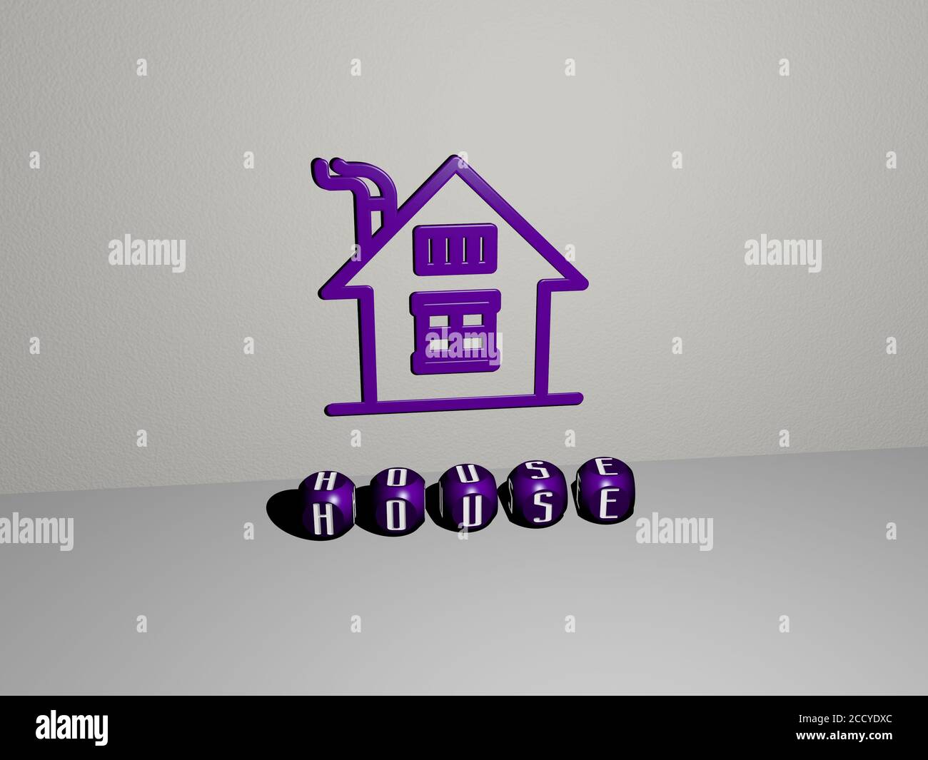 house 3D icon on the wall and text of cubic alphabets on the floor, 3D ...
